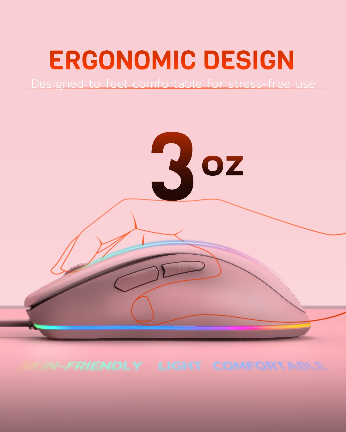 DAREU Wired Pink Gaming Mouse, 6400DPI,6 Programmable Buttons, Ergonomic RGB Gaming Mouse with 16.8 Million Chroma 7 Backlit for PC, Laptop, and Notebook (Pink)