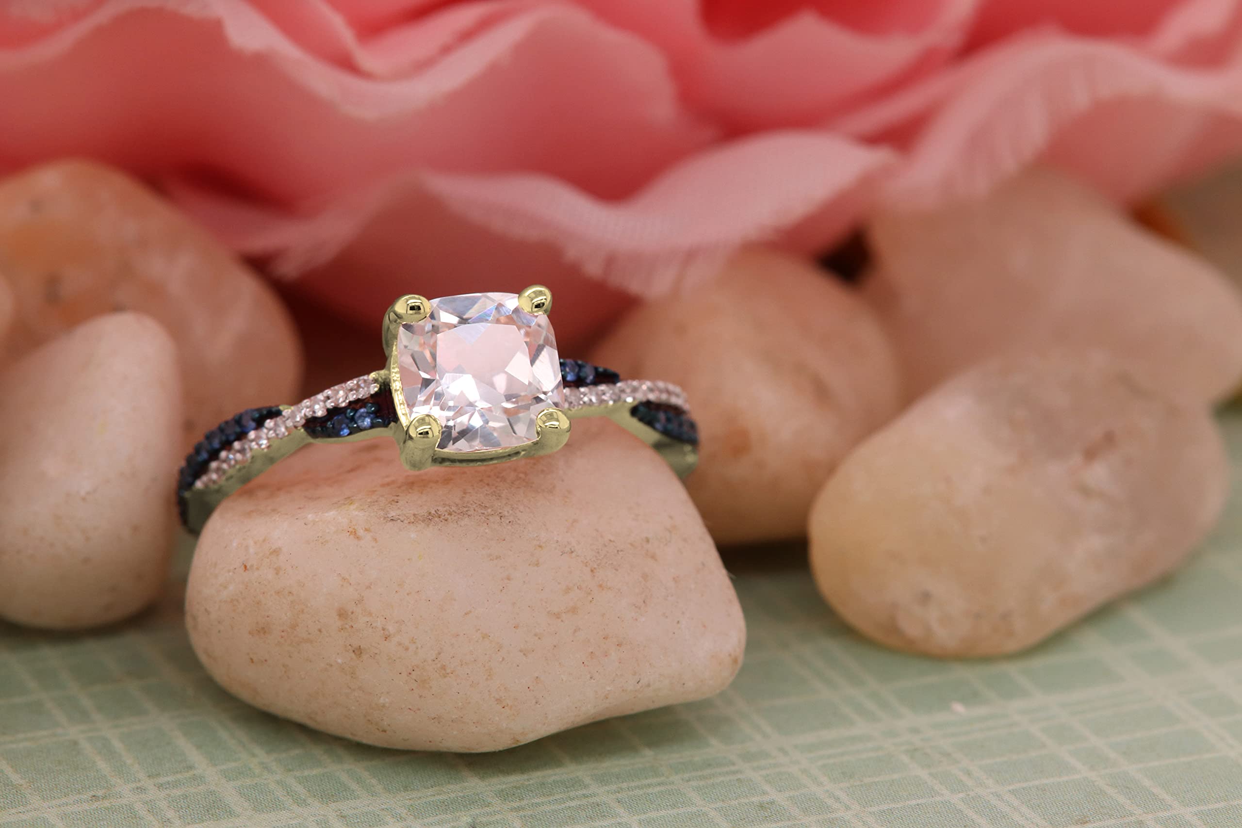 Dazzlingrock Collection 6 MM Cushion Lab Created White Sapphire with Round Blue Sapphire & Diamond Women Engagement Ring | 10K Yellow Gold, Size 9