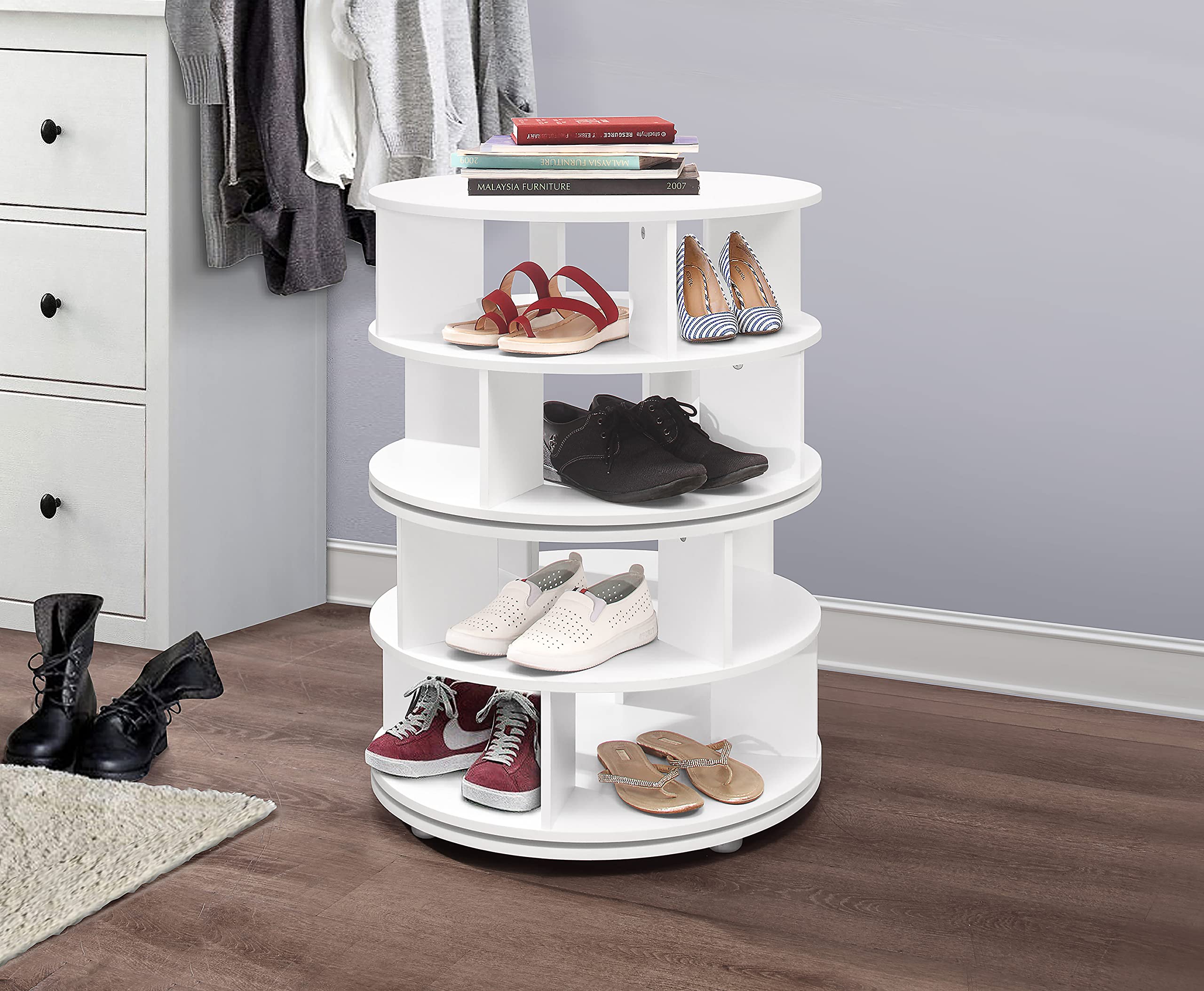 Kings Brand Furniture – 4-Tier Rotating Lazy Susan Shoe Rack, 360° Revolving Shoe Storage Organizer for Closet Entryway Bedroom Hallway, White