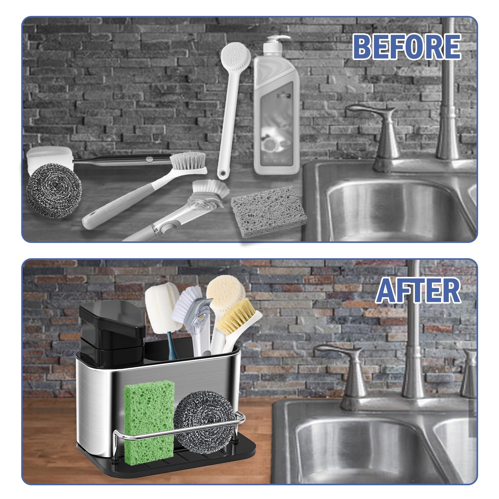 Dish Soap Dispenser for Kitchen Sink, 3 in 1 Kitchen Sink Caddy with Sponge Holder, Stainless Steel Kitchen Sink Organizer with Soap Dispenser