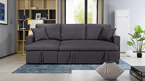 ERYE L-Shaped Reversible Corner Convertible Sleeper Sectional Sofa with Pull Out Sleeper Couch Bed,Storage Chaise and 2 Pillows for Home Apartment Office Living Room, Dark Gray Linen Sofa&Couch