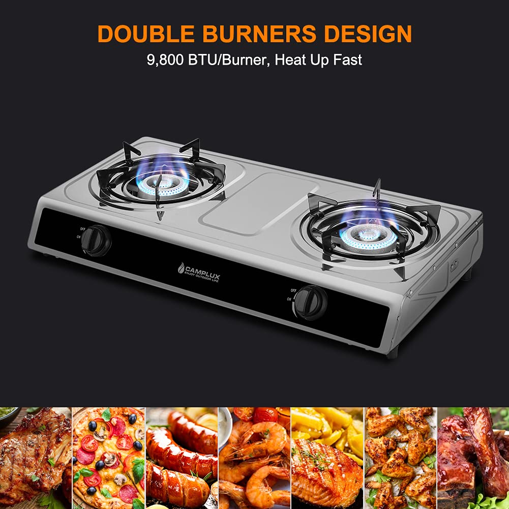 Camplux Camping Stove 2 Burners 19,600 BTU, Stainless Steel Gas Stove with Auto Ignition