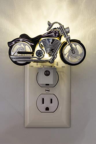 GE LED Motorcycle Night Light, Plug-In, Dusk-to-Dawn Sensor, Auto On/Off, Energy-Efficient, Soft White, Flames & Chrome Design, Ideal for Bedroom, Playroom, Bathroom, & More, Black/Silver, 10904