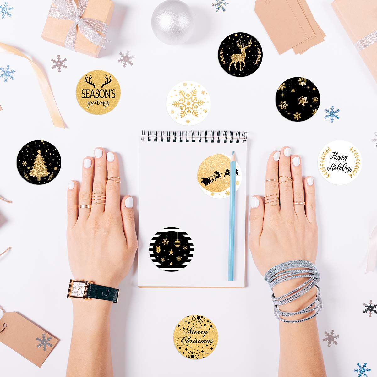 Christmas Stickers for Envelopes Holiday Labels 500PCS Black & Gold Seals Faux Glitter for Holiday Christmas Party Decoration