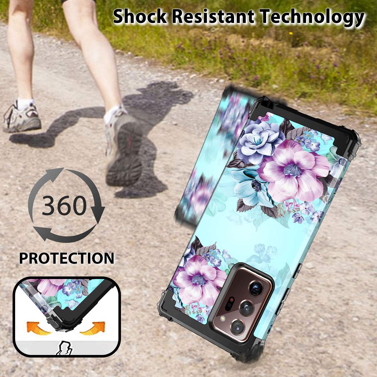 Casetego Compatible with Galaxy Note 20 Ultra Case,Floral Three Layer Heavy Duty Hybrid Sturdy Shockproof Full Body Protective Cover Case for Samsung Galaxy Note 20 Ultra 6.9 inch,Blue Flower