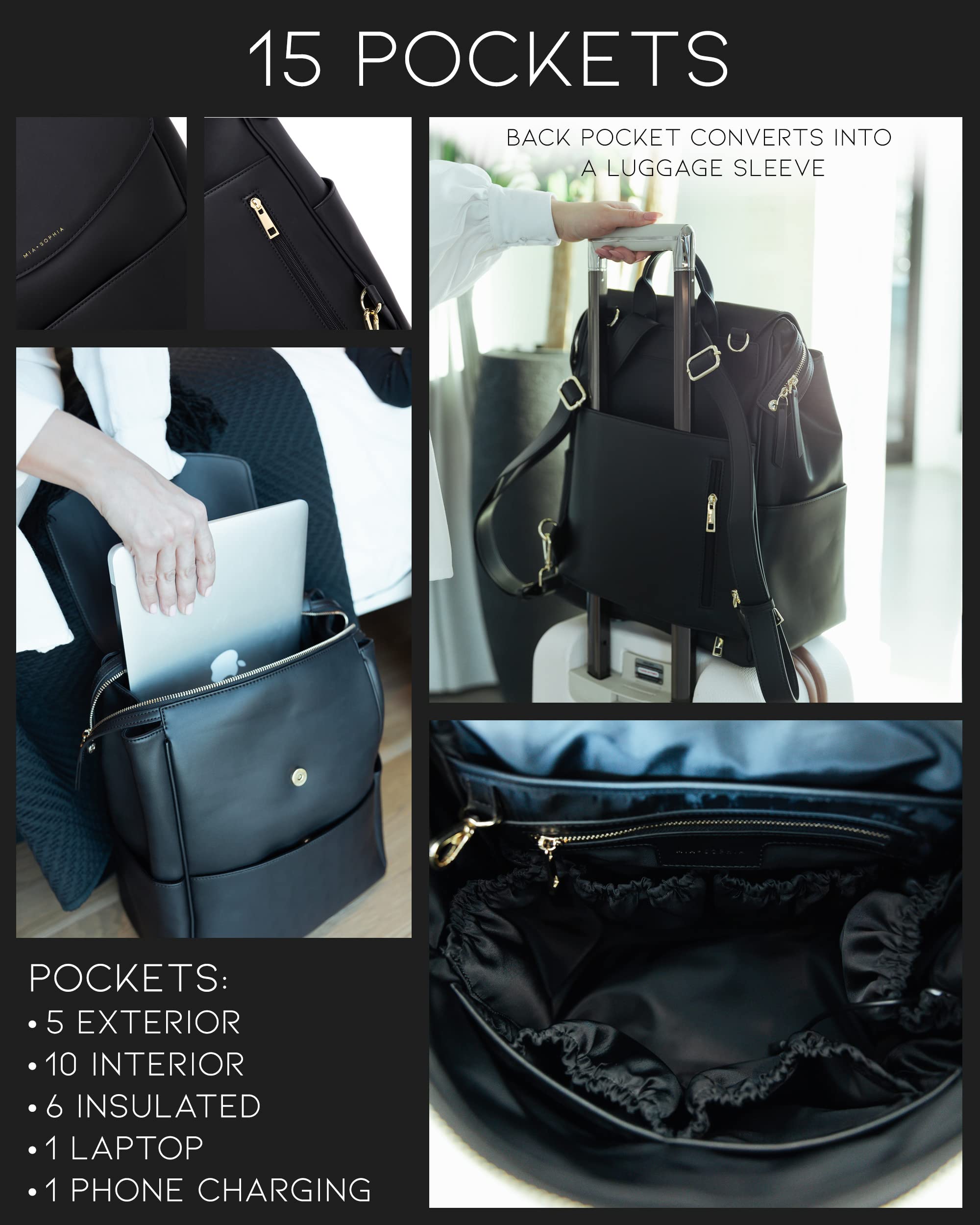 MIA + SOPHIA Leather Diaper Bag Backpack with Changing Pad, Stroller Straps, Bottle Holder (Black Olivia)