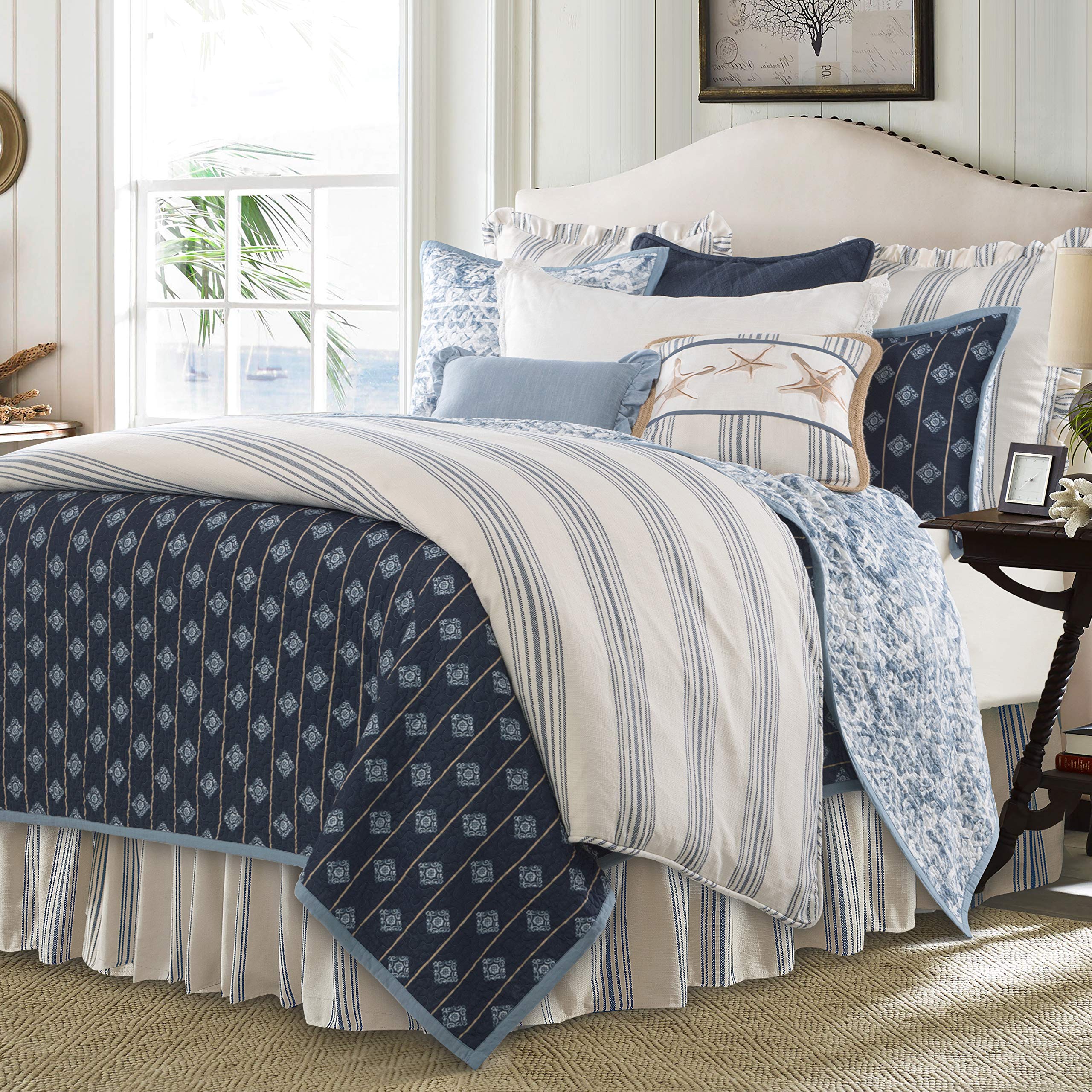 HiEnd Accents Prescott Farmhouse Bedding, 3 Piece Super King Size Striped Duvet Cover Set with Pillow Shams, Ivory Navy Ticking Stripes Pattern Comforter Cover, Chic Casual Coastal Boho Style Bed Set