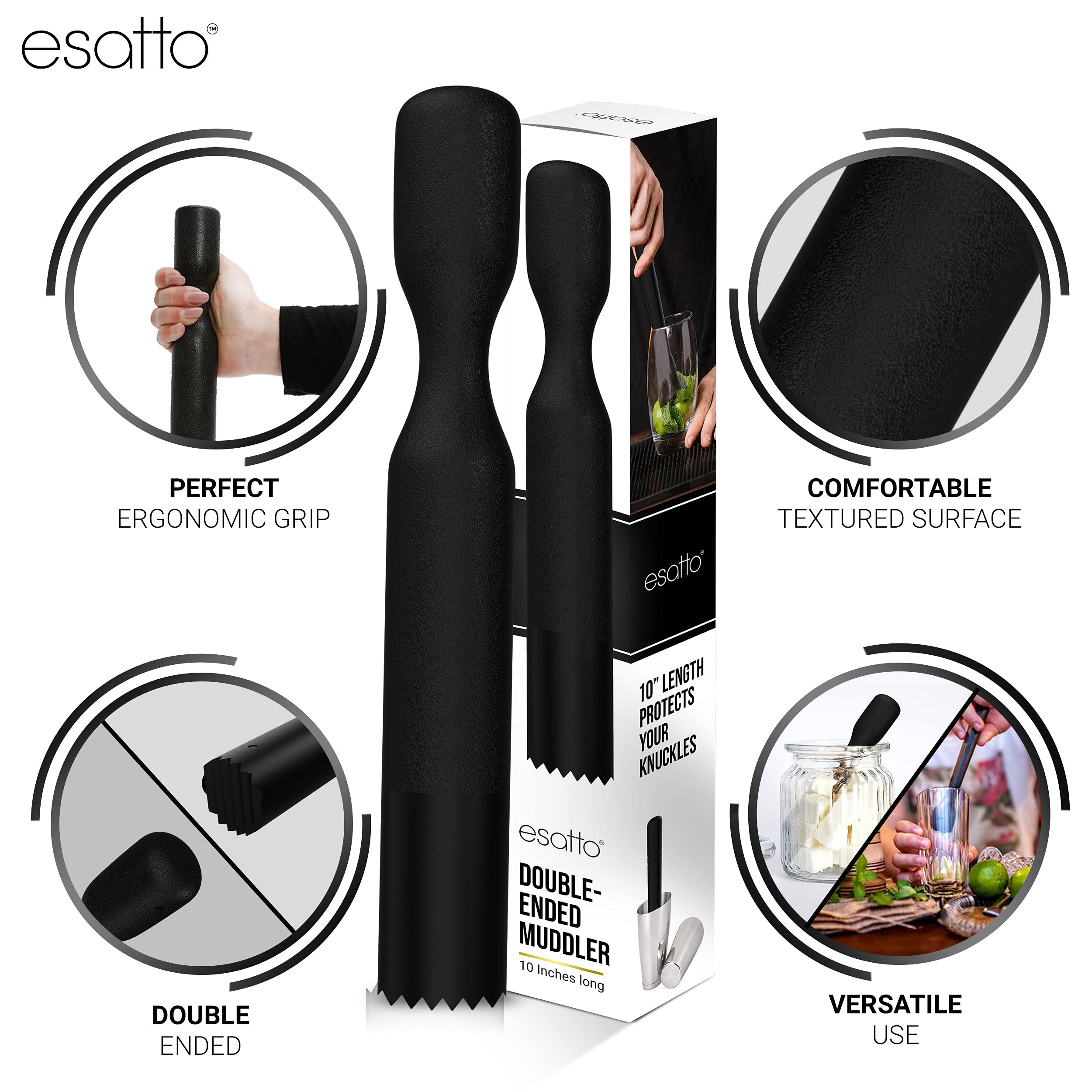 Esatto Professional Bar Tool Muddler 25 CM (10 Inches) Ribbed β Made with ABS Plastic β Durable and Ribbed for Mashing Fruits, Berries, Sugar, Spices, and Herbs (Black)