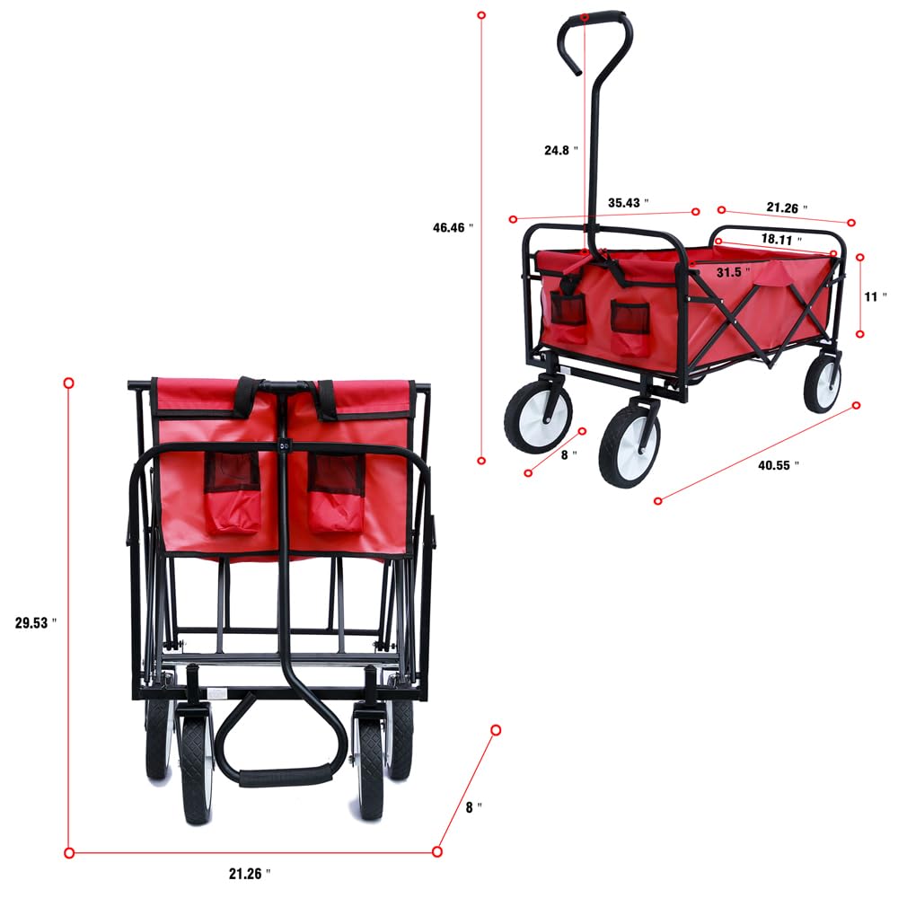 Collapsible Folding Wagon, Heavy Duty Utility Beach Wagon Cart with Side Pocket, Large Capacity Foldable Grocery Wagon for Garden Sports Outdoor Use (Red)