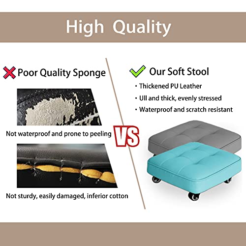 CRENEWY Low Rolling Stool with Wheels,360 Degree Rotating,PU Low Height Rolling Seat Wheel Stool Chair,Square Seat Stool for Home Office Fitness Garage Shop(Grey)