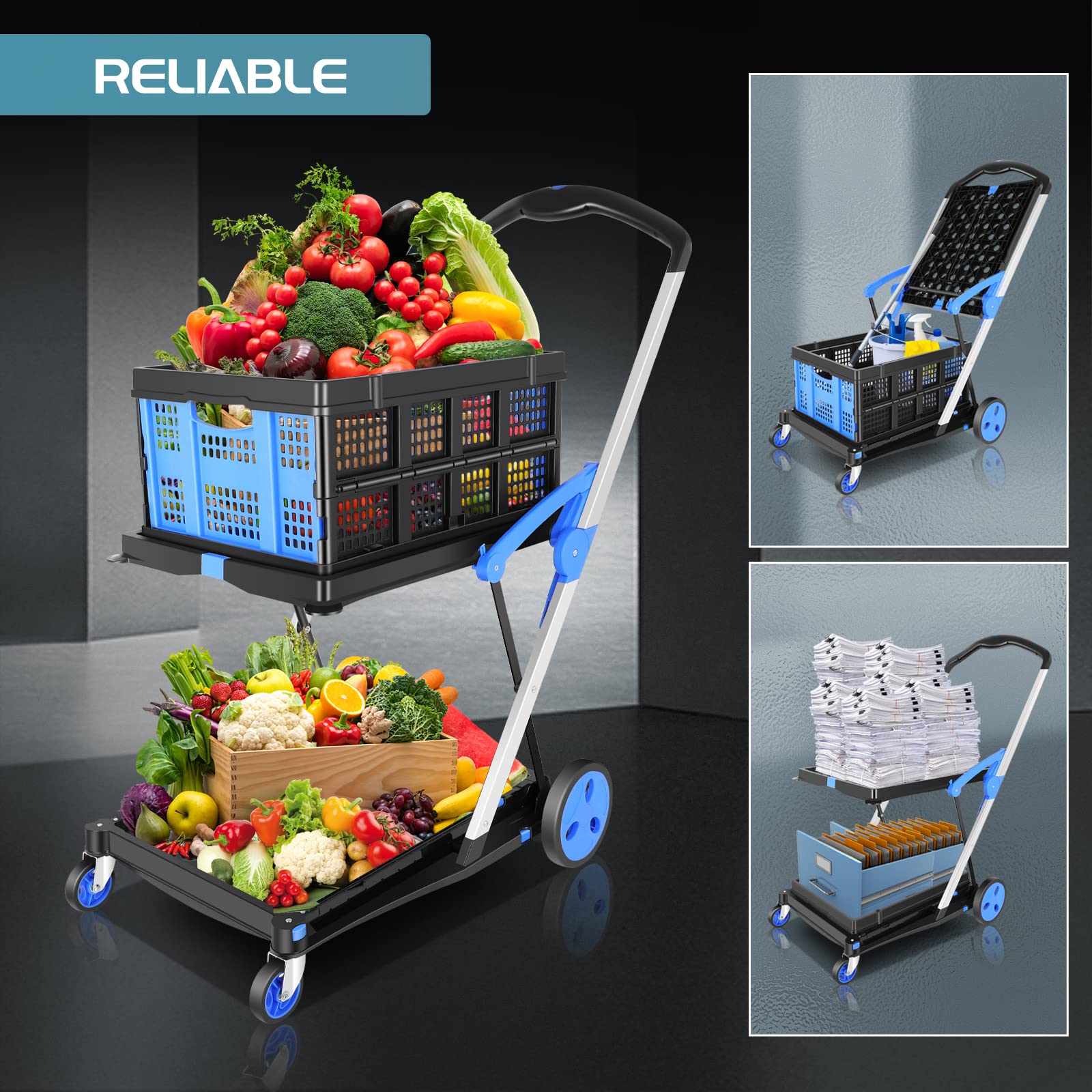 Collapsible Utility Cart,Multi use Functional Shopping Carts with Storage Crate Adjustable Moving Cart Folding Trolley Lightweight, Storage Cart with Removable Basket Carries