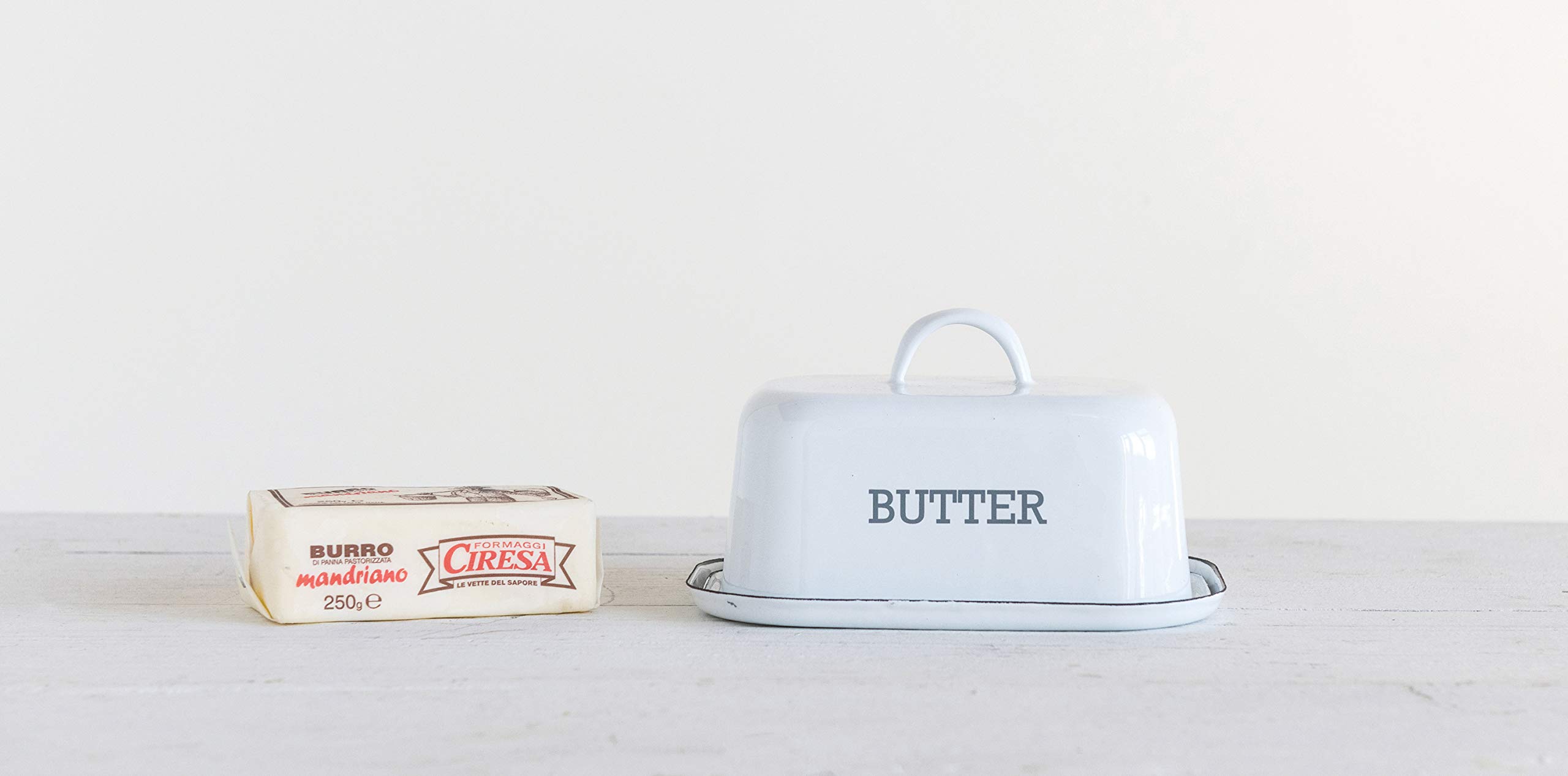Creative Co-Op White Enameled Steel Butter Dish with Black Rim Food Storage