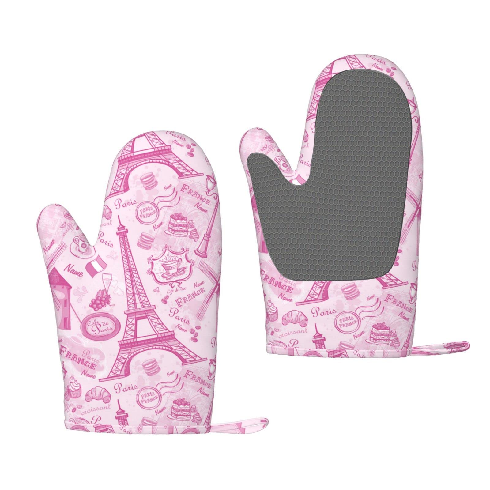 Custom Silicone Oven Mitts with Name France Paris Eiffel Heat Resistant Non-Slip Cotton Lining Oven Gloves Set of 2 Comfort Safety Durable Kitchen Pot Holder for BBQ Cooking Baking
