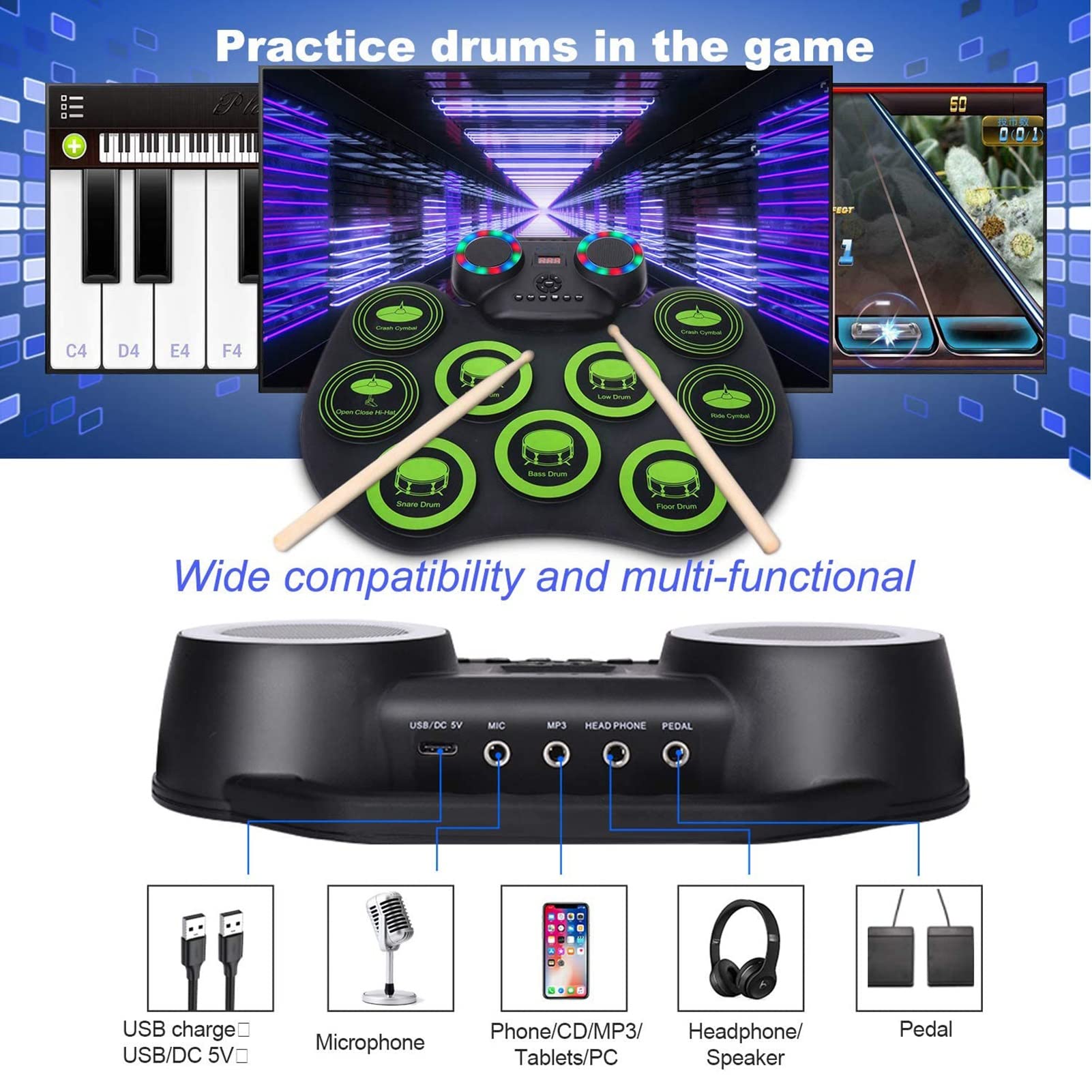 Electronic Drum Kit 9 Pads Roll-up Practice Drum Set With Colorful LED Lights For 10h Playing Built-in Dual Speakers Headphone USB Jack And Foor Pedals Great Chrismas Birthdays Gift For Beginners ( Co