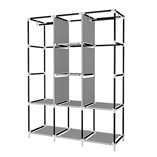 UDEAR Portable Wardrobe Closet Clothes Organizer Non-Woven Fabric Cover with 6 Storage Shelves, 2 Hanging Sections and 4 Side Pockets,Black