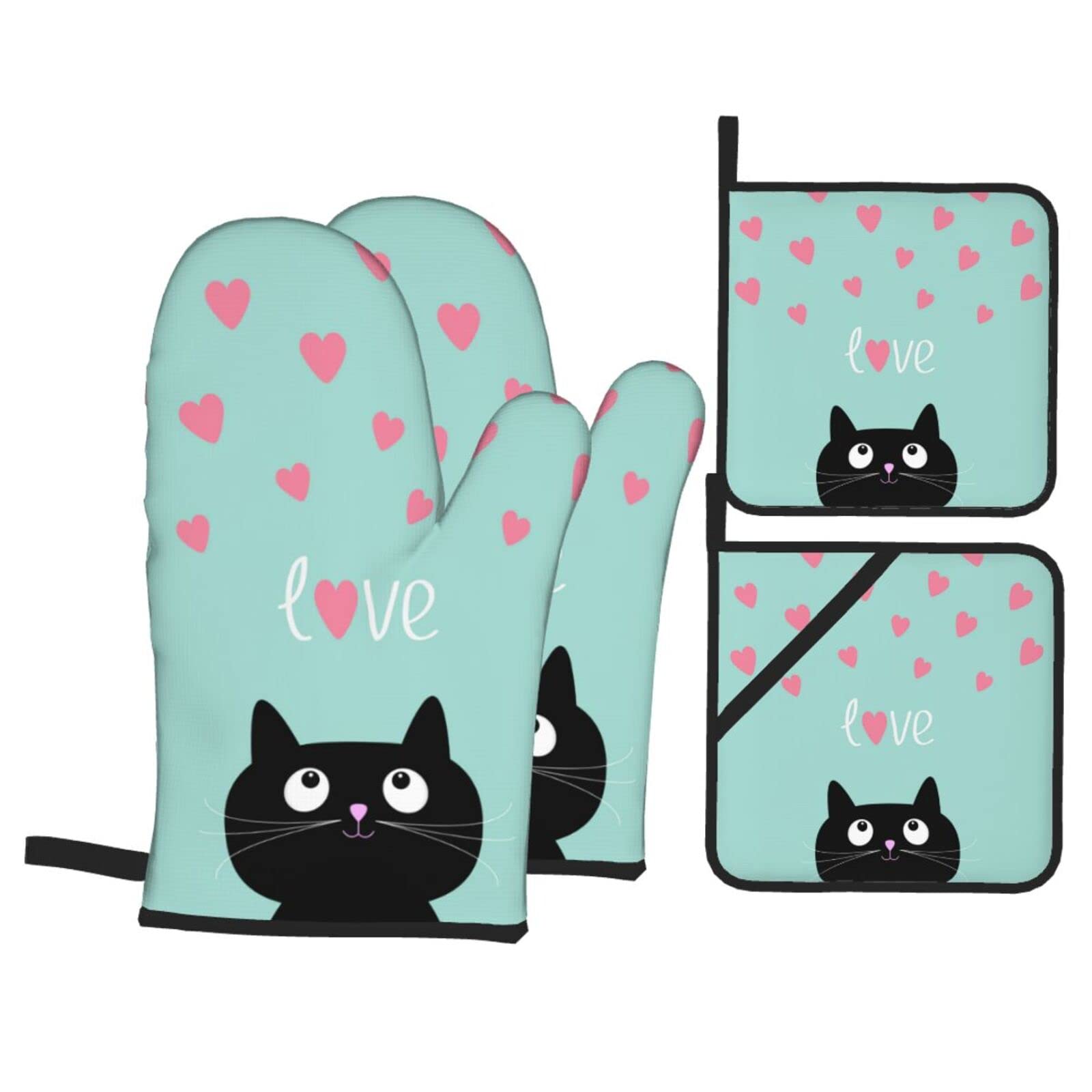 Cute Black Cat Love Oven Mitts and Pot Holders 4pcs Sets,Funny Kitchen High Heat Resistant Oven Mitts,with Oven Gloves and Hot Pads Pot Holders for Baking Cooking BBQ Grilling