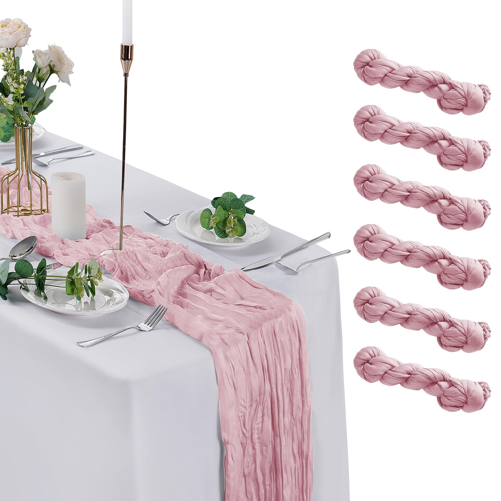 flohar 6 Pack Pink Cheesecloth Table Runner 9ft,17 x 108 inch Gauze Table Runners Rustic Romantic Wedding Runner for Wedding Bridal Shower Fall Decoration
