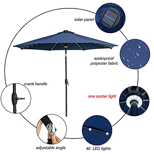 GDY 10Ft Patio Umbrella, Solar Powered 40 LED Lighted Outdoor Table Market Umbrella with Tilt and Crank, Center Light (Navy Blue)