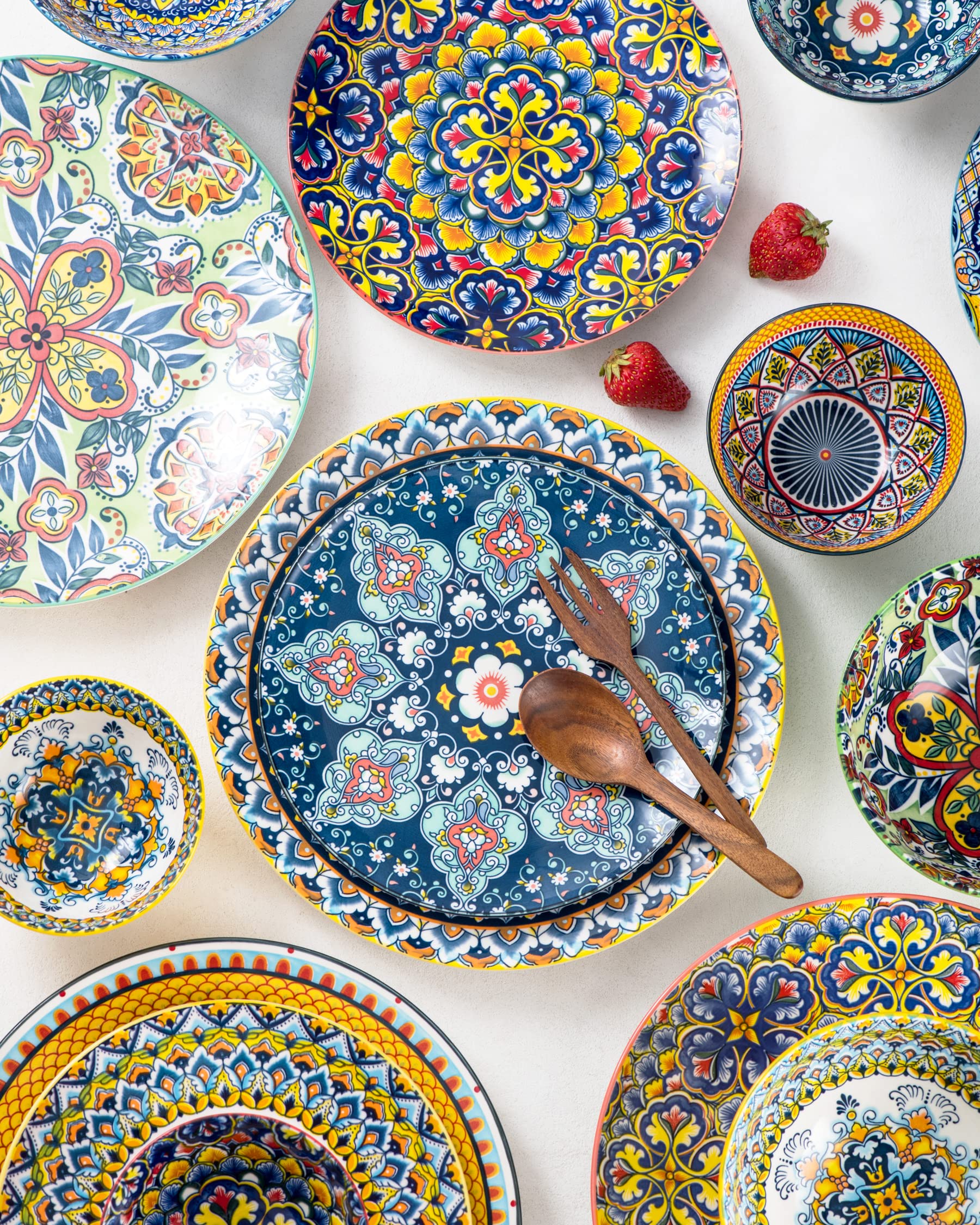 Dessert, Salad Plate Set 8.7 Inch, Colorful Ceramic Plates for Pasta, Appetizer, Snacks - Serving Dishes for Thanksgiving & Christmas, Dishwasher & Microwave Safe, Set of 6 - Bohemian Style