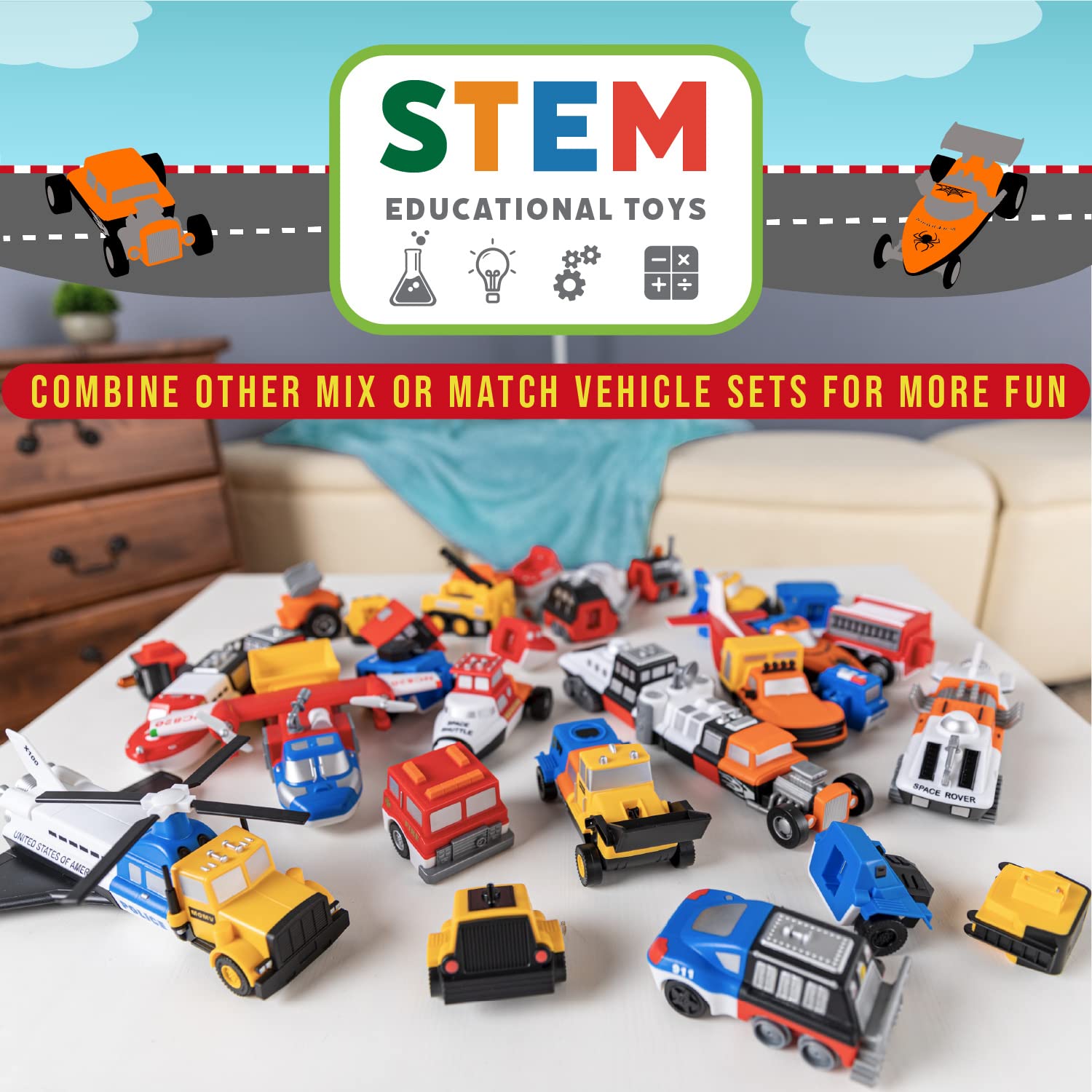 Mix or Match Vehicles, Magnetic Toy Play Set, Race Cars
