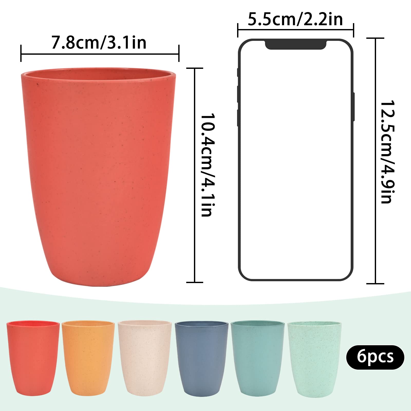 CRETVIS 11OZ Unbreakable Wheat Straw Cup, 6 Pcs Reusable Dishwasher Safe Drinking Cups, Stackable Coffee Tea, Juice Cup, Tumbler Water Mugs for Kitchen Parties, Travel Picnics and Weddings