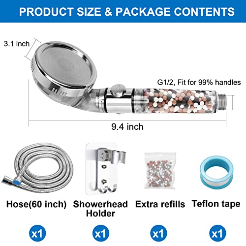 Shower Head with Handheld, DORARA Showerheads with Hose and Holder, High-Pressure Water Saving Mineral Cleansing Shower Head, RV Handheld Shower Heads, Shower Sprayer, 3 Shower Modes , Extra Refills