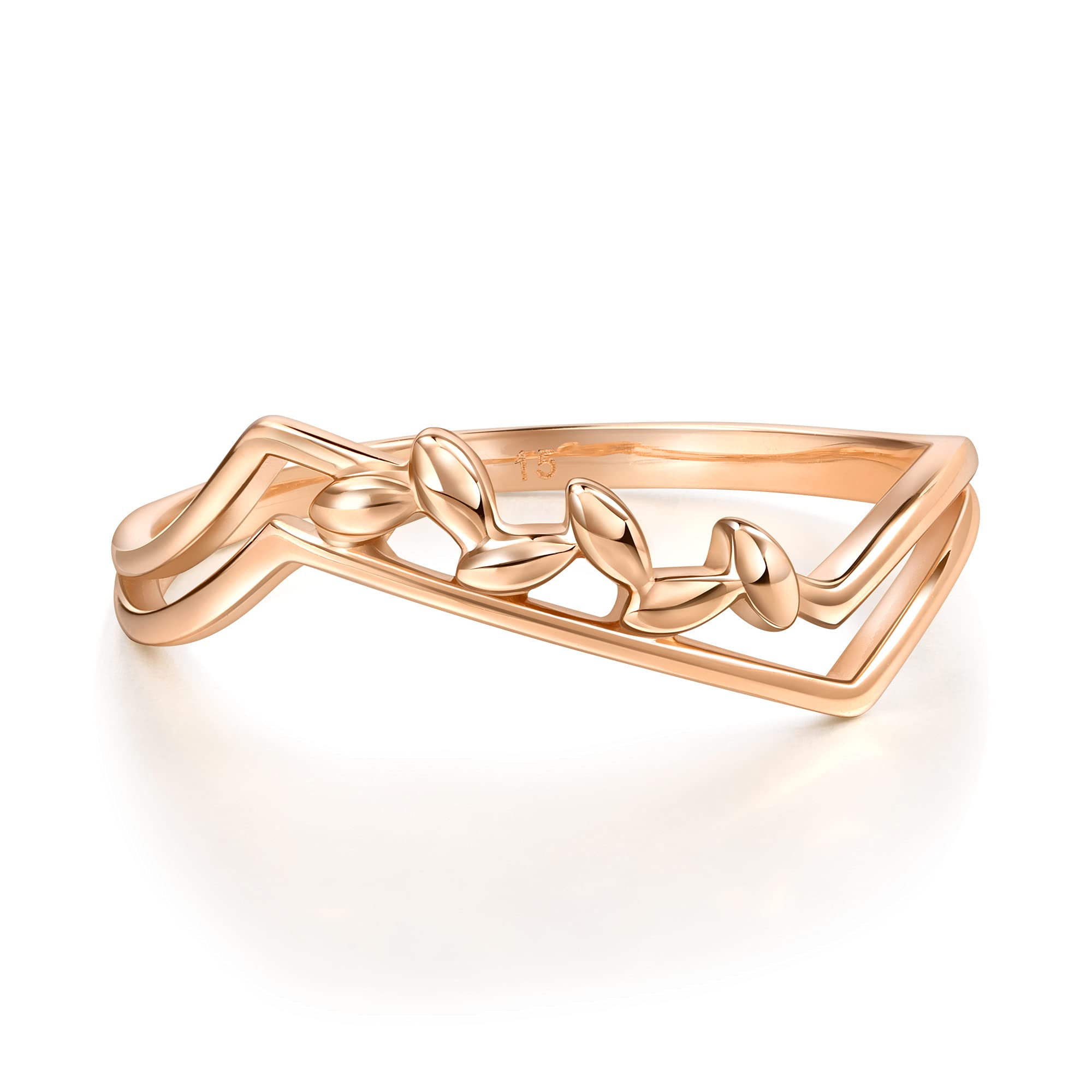CHOW SANG SANG Delicate Gold 18K Rose Linear Waves with Cute Leaves Rings for Women 92787R (Our Size 17 / US 7.75)