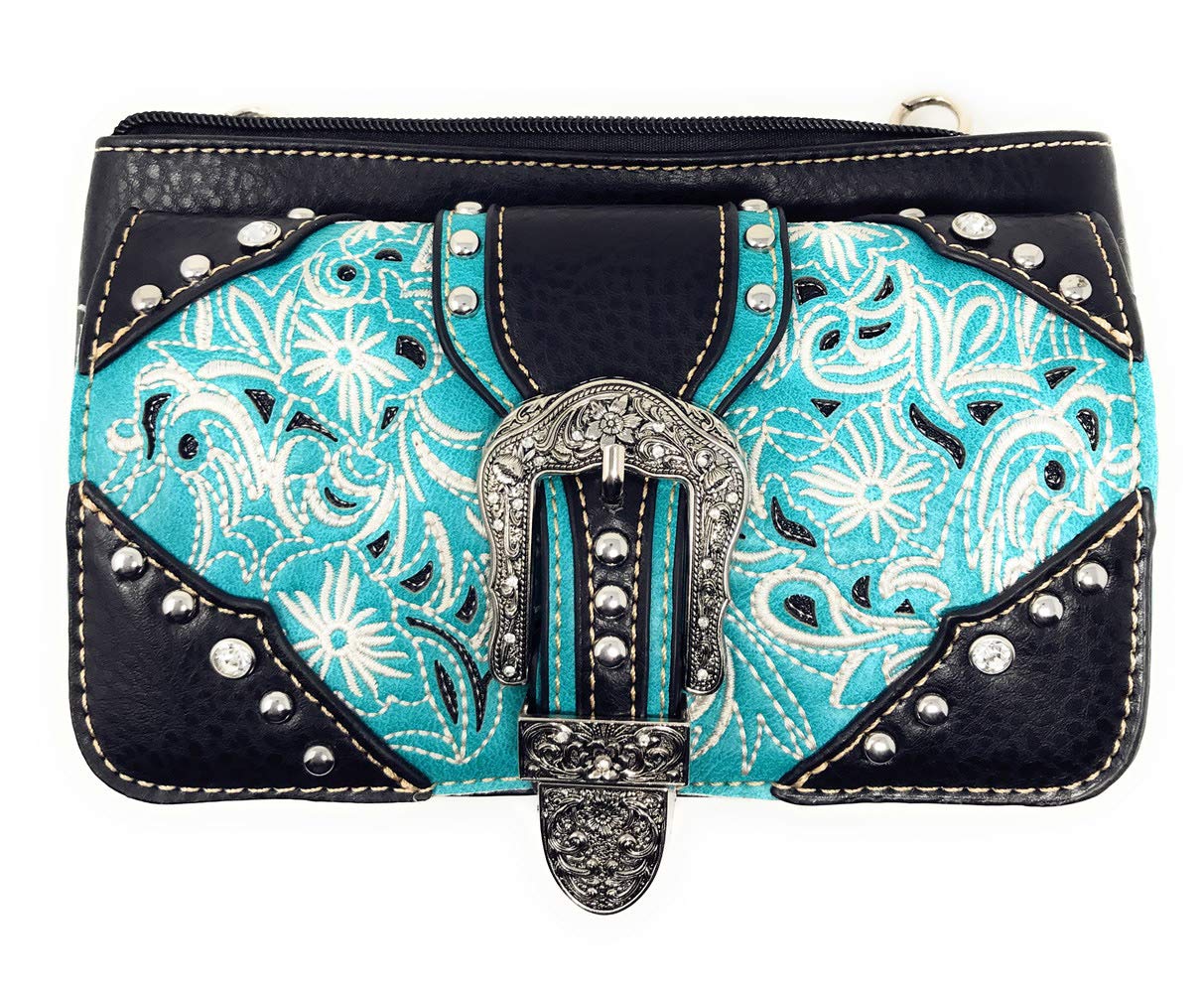 Western Rhinestone Embroidery Wallet Crossbody Clutch Bag Purse in Multi-Way (Black Turquoise Buckle)