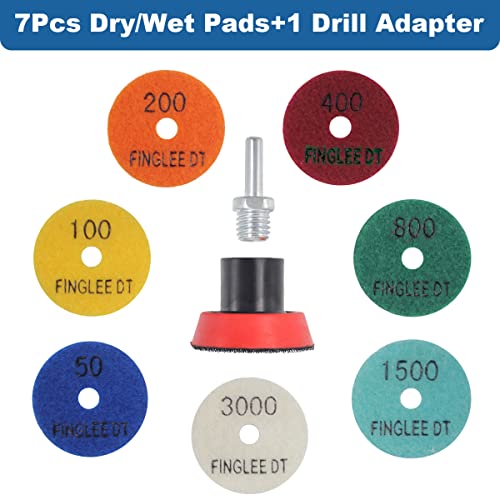 FINGLEE DT 2 Inch Diamond Polishing Pads with 7Pcs Dry Wet Granite Stone Polish Pad Kit for Drill,50-3000 Grit Polishing Pad (7Pcs Dry/Wet Pads+1 Drill Adapter)