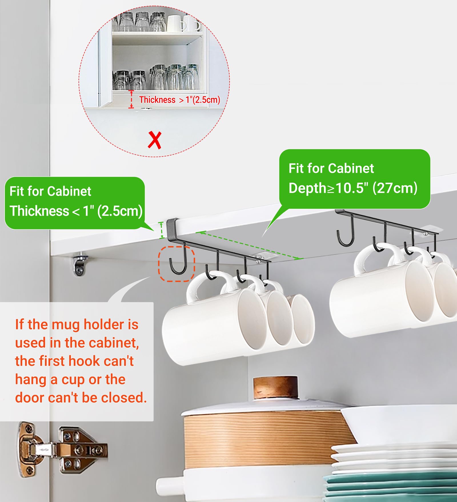 Dahey Under Cabinet Mug Holder Set of 3 Metal Coffee Mug Rack with 12 Mug Hooks, Adhesive Display Cup Holder Organizer for Cabinet Shelf Kitchen Dining Room Coffee Bar, Black
