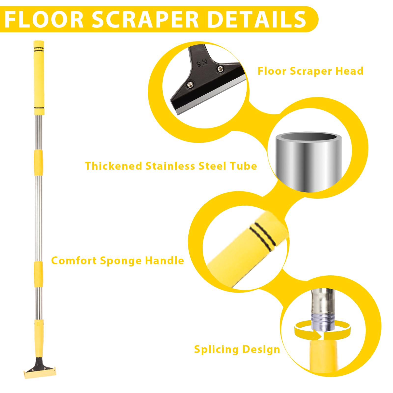 Floor Scraper Long Handle Heavy Duty, 31-61" Floor Scraper Heavy Duty Scraper Tool Thickened Steel Tube with 4inch sharp Blades 10PCS Extra Metal Paint Scraper Ideal for Cleaning.(1 yellow)