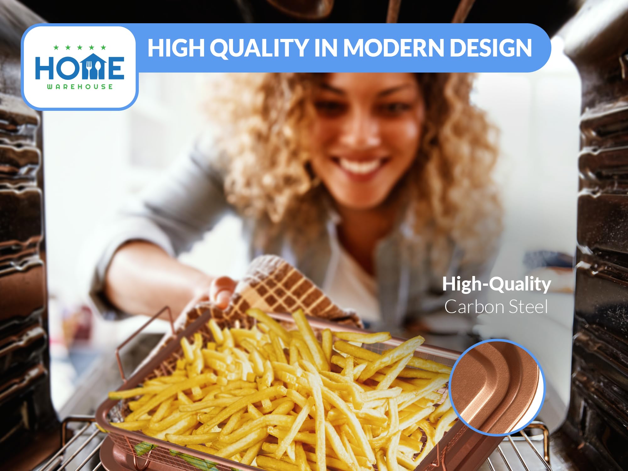 Home Warehouse Premium Carbon Steel Air Fryer Basket for Oven | Superior Craftsmanship | Sleek Design | Robust, Rust-Proof and Dishwasher-Safe
