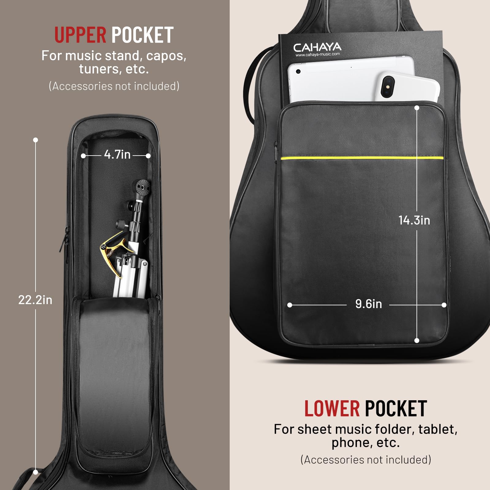 CAHAYA Acoustic Guitar Case: Gig Bag Soft Padded 41 In Water-resistent Guitar Backpack with Back Handle Loop and Large Top Pocket 0.3 In Thick Black CY0177