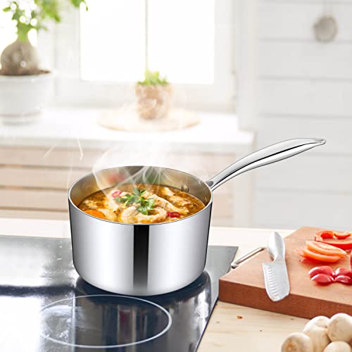 Homikit 2 Quart Saucepan with Lid, Tri-Ply Stainless Steel Sauce Pan, Kitchen Induction Cooking Pot with Ergonomic Handle, Small Pan for Making Sauce, Warming Milk, Boiling Eggs, Dishwasher Safe