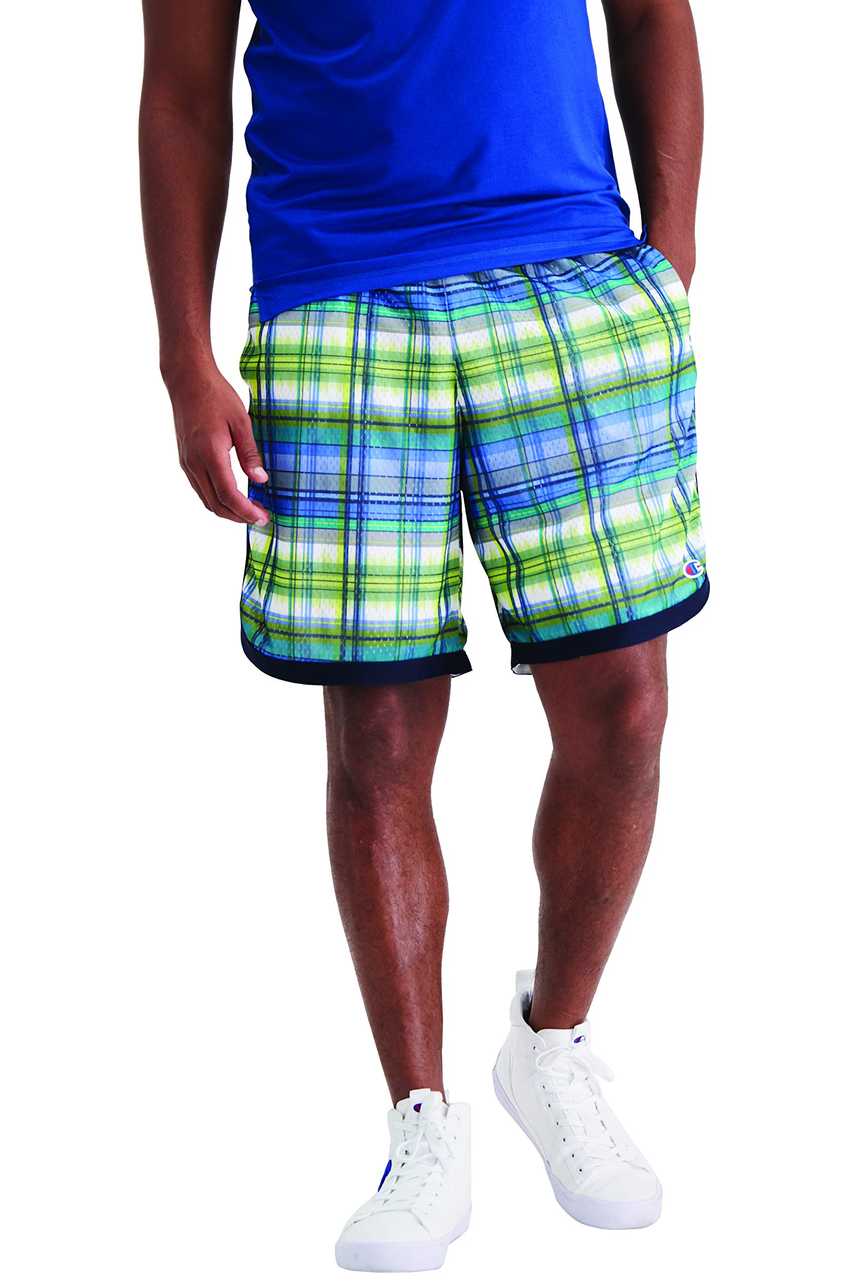 Champion Men's AOP Taped Mesh Short, Off The Grid Green Ikat Plaid, Small
