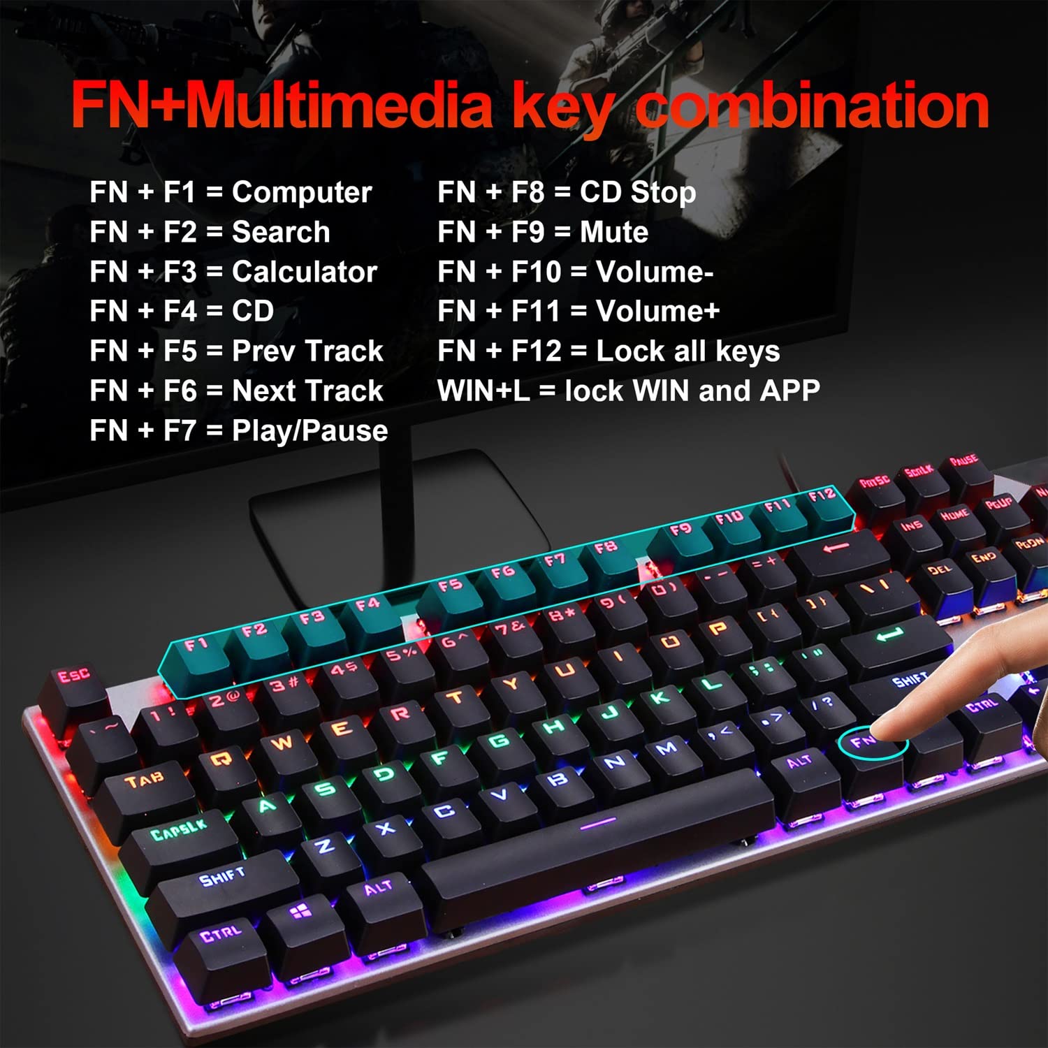 EXHNLE Mechanical Keyboard and Mouse, Wired Gaming Keyboard Blue Switch 104 Keys Rainbow Backlit Keyboard and 7 Button Wired Mouse 6400 DPI for PC Computer Gamer