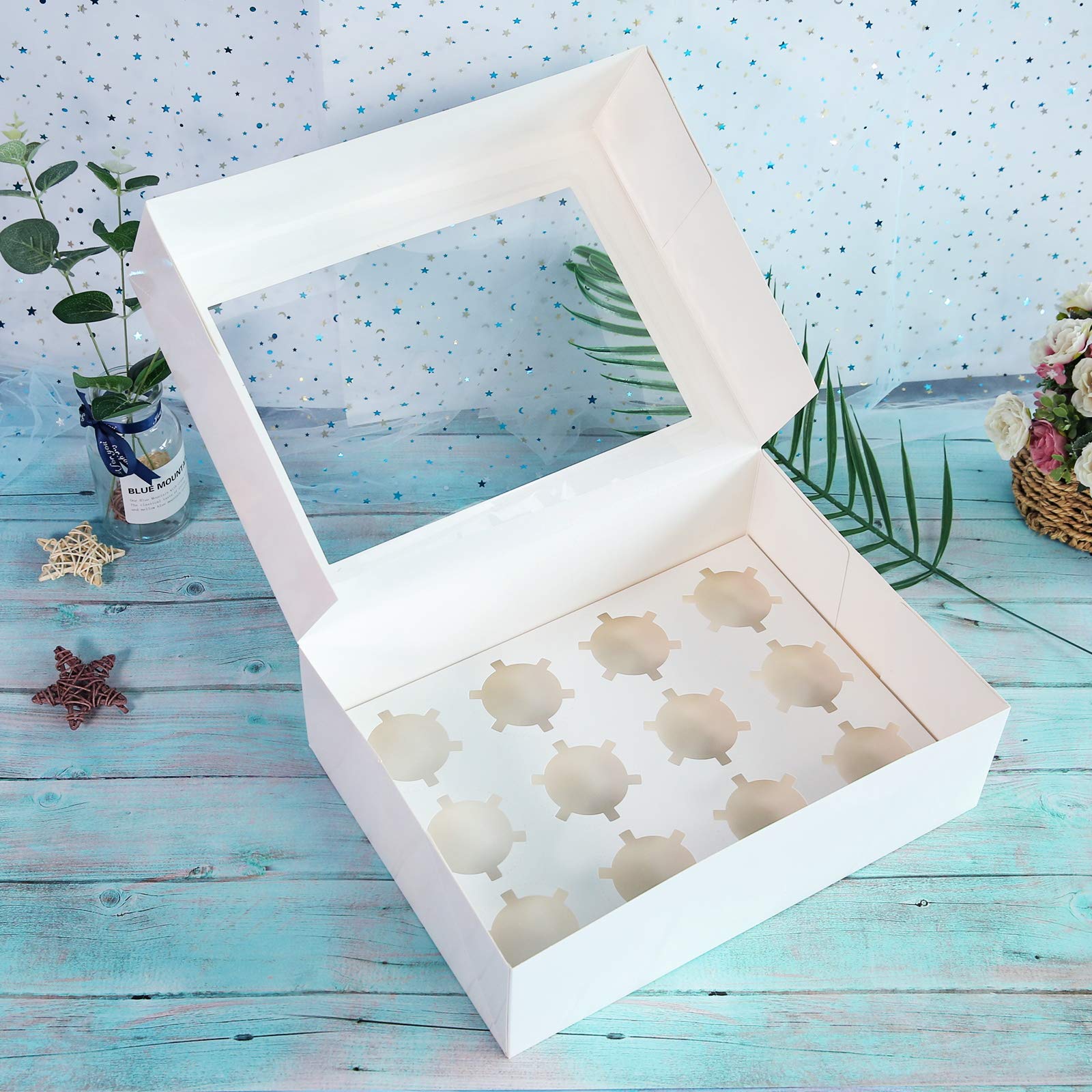ONE MORE 15-Pack White Cupcake Boxes 12 Holders Cake Carrier Food Grade Pop-up Bakery Boxes 13.8 x 9.5 x 4inch with Inserts and PVC Windows Fits 12 Cavity Cupcake Pack of 15