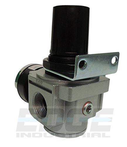 HEAVY DUTY IN-LINE COMPRESSED AIR PRESSURE REGULATOR FOR AIR COMPRESSOR, 7 TO 215 PSI ADJUSTABLE, HIGH FLOW RATE, WALL BRACKET AND GAUGE INCLUDED (3/4" NPT, 140 CFM)