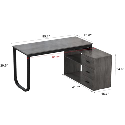 Homsee Home Office Computer Desk Corner Desk with 3 Drawers and 2 Shelves, 55 Inch Large L-Shaped Study Writing Table with Storage Cabinet - Dark Gray & Black