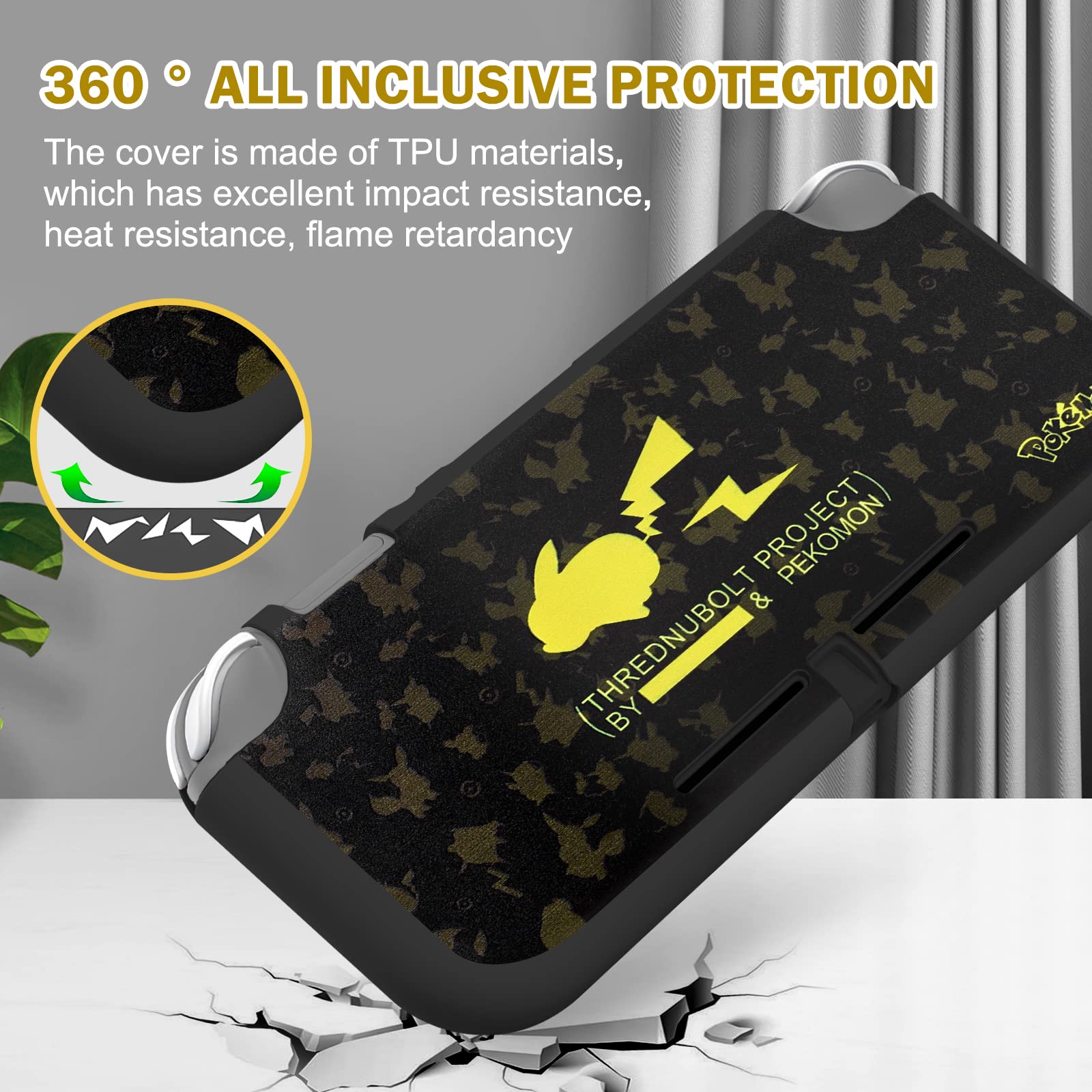 DLseego Flash Pika Switch Lite Protective Case Cool Soft TPU Shell Shockproof Scratch Resistant Cover Joy Con Japanese Amine Skin with 2PCS Lovely Cartoon Thumb Grips Caps for Switch 2019 - Black