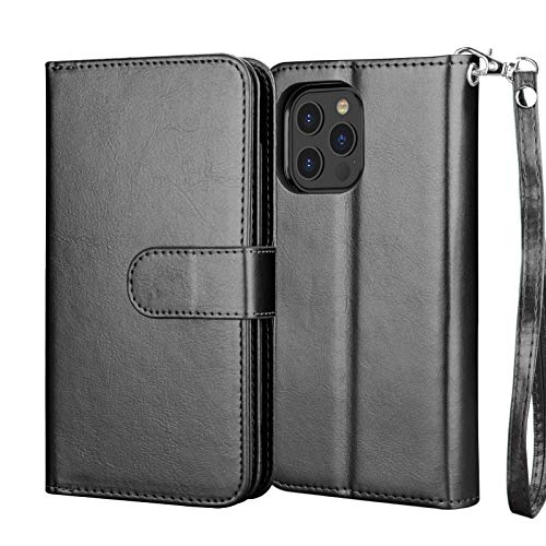 NJJEX Compatible with iPhone 12 Pro Max Case/iPhone 12 Pro Max Wallet Case 6.7" (2020), [9 Card Slots] PU Leather Card Holder Folio Flip [Detachable] Kickstand Lanyard Magnetic Phone Cover [Black]