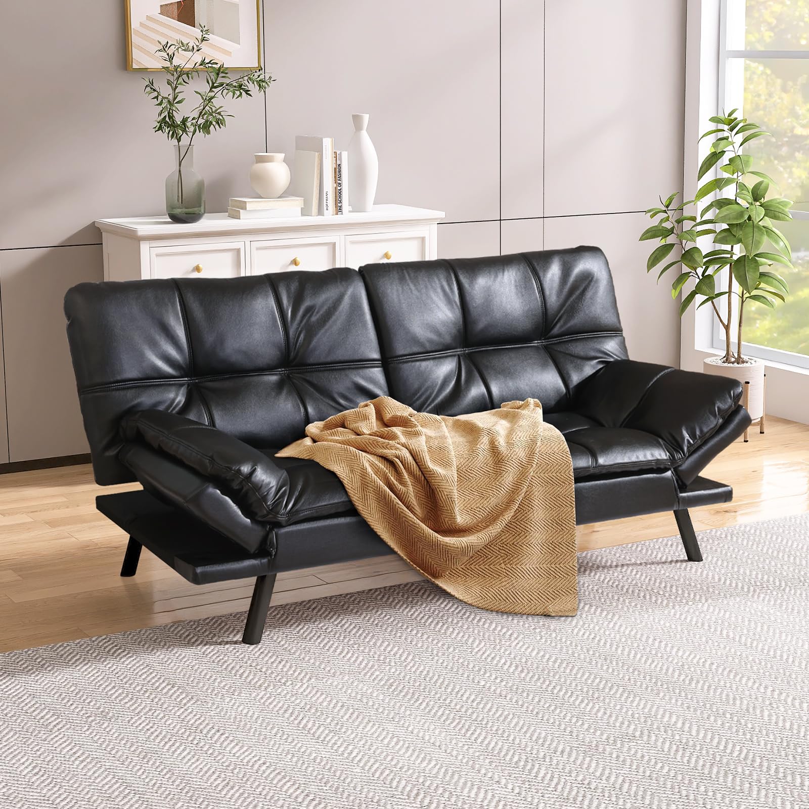 Erdoru Convertible Memory Foam Futon Sofa Bed Couch,Faux Leather Futon Sofa Couch,Sleeper Futons Sofa Bed,Small Splitback Modern Loveseat Sofa Bed for Living Room,Office,Apartment,Bright Black