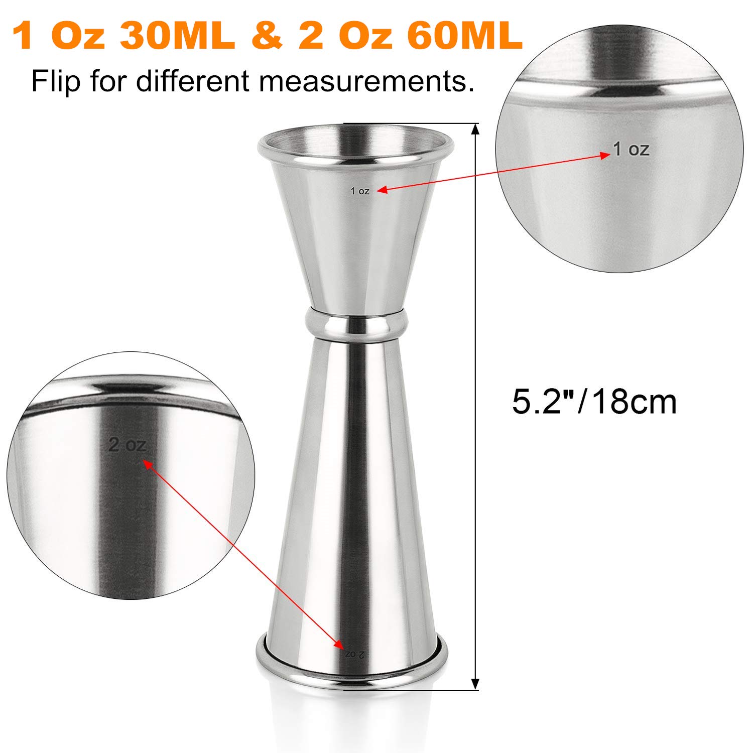 Double Clear Plastic and Stainless Steel Japanese Style Jigger, Set of 3, Cocktail Measuring Shot Glasses Drink Spirit Measure Cup for Bar Party Kitchen Tool