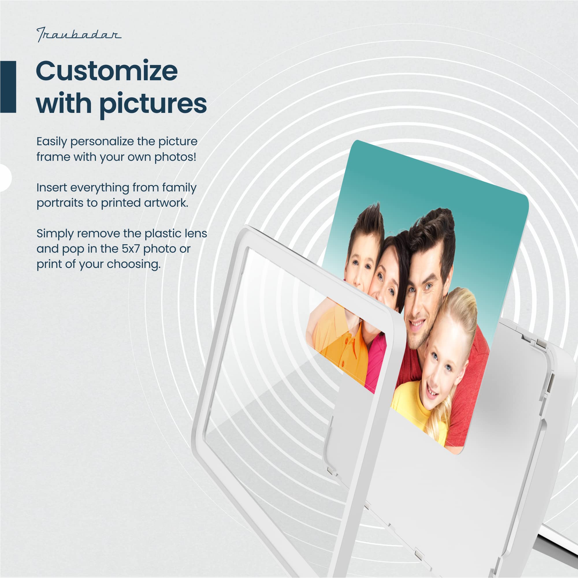 TRENBADER Bravo Gallery Picture Frame Bluetooth Speaker FM Radio Wireless Rechargeable 7β Custom Photo Frame Portable Bluetooth Speaker Loud HD Stereo Sound Rich Bass for Home Office Desk Shelf White