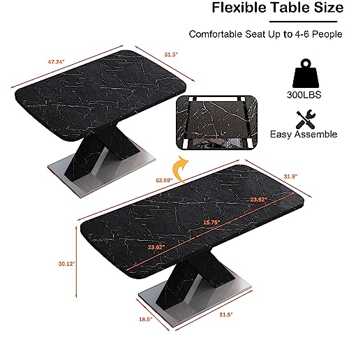 HomVent Expandable Dining Table with Wooden Top Faux Marble Dining Room Table for 4-6 People,Expandable 47.24β-62.99" Dining Room Table Black Marble Grain Kitchen Table for Small Space,Apartment