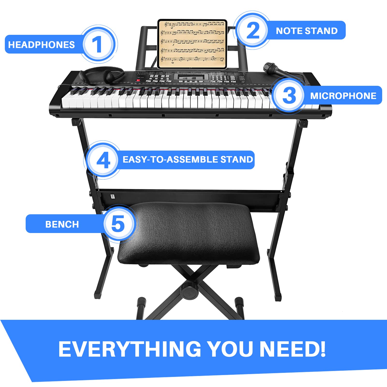Camide 61 Key Keyboard Piano for Beginners with Speakers, Digital Piano Stand, Bench, Headphones, Microphone, Sticker Sheet and Demo Songs