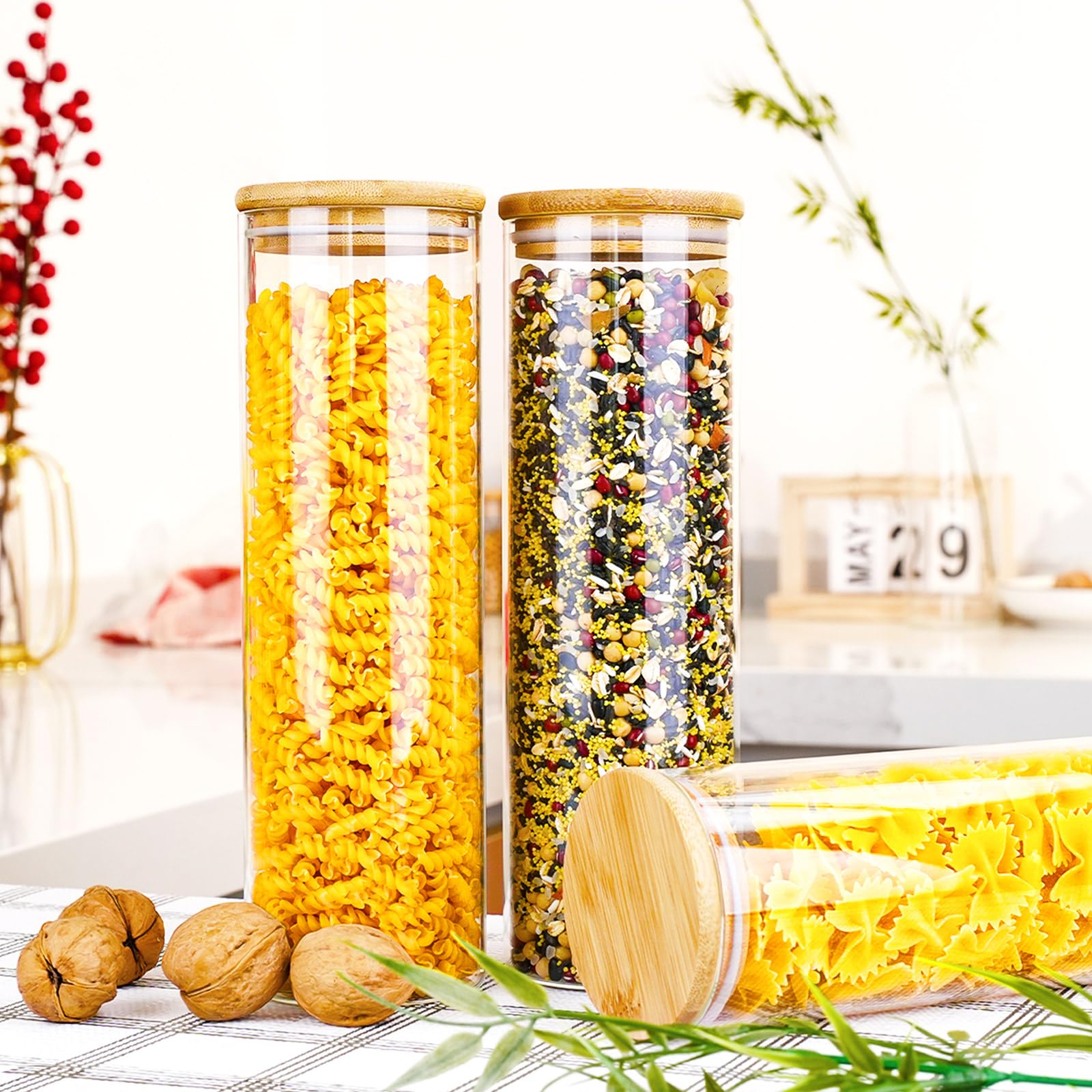 GTJ Glass Storage Containers with Lids, 38oz Set of 8, Glass Jars with Bamboo Lids, Flour Sugar Storage Containers, Airtight Food Storage Containers for the Kitchen, Cereal Containers Storage