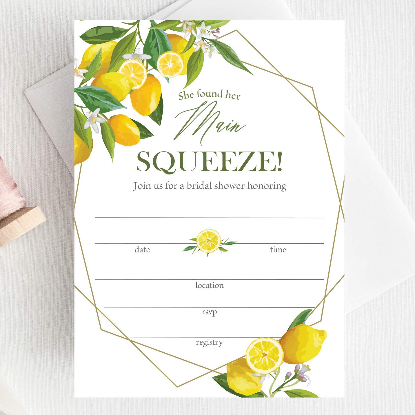 Moonrise Papery Set of 25 Lemon Theme Bridal Shower Invitations with Envelopes β Main Squeeze Bridal Shower Invitations with Envelopes