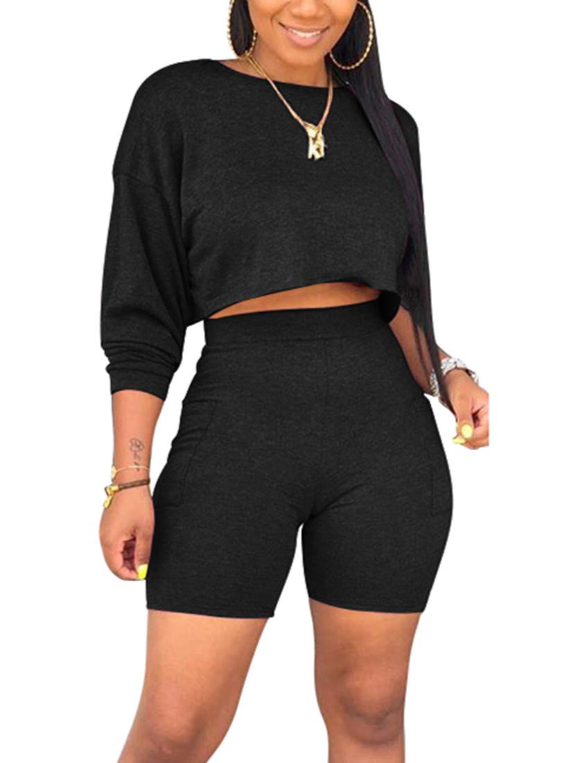 cailami Women's Summer 2 Piece Outfits Workout High Waist Biker Shorts Sets with Pockets, Large, Black