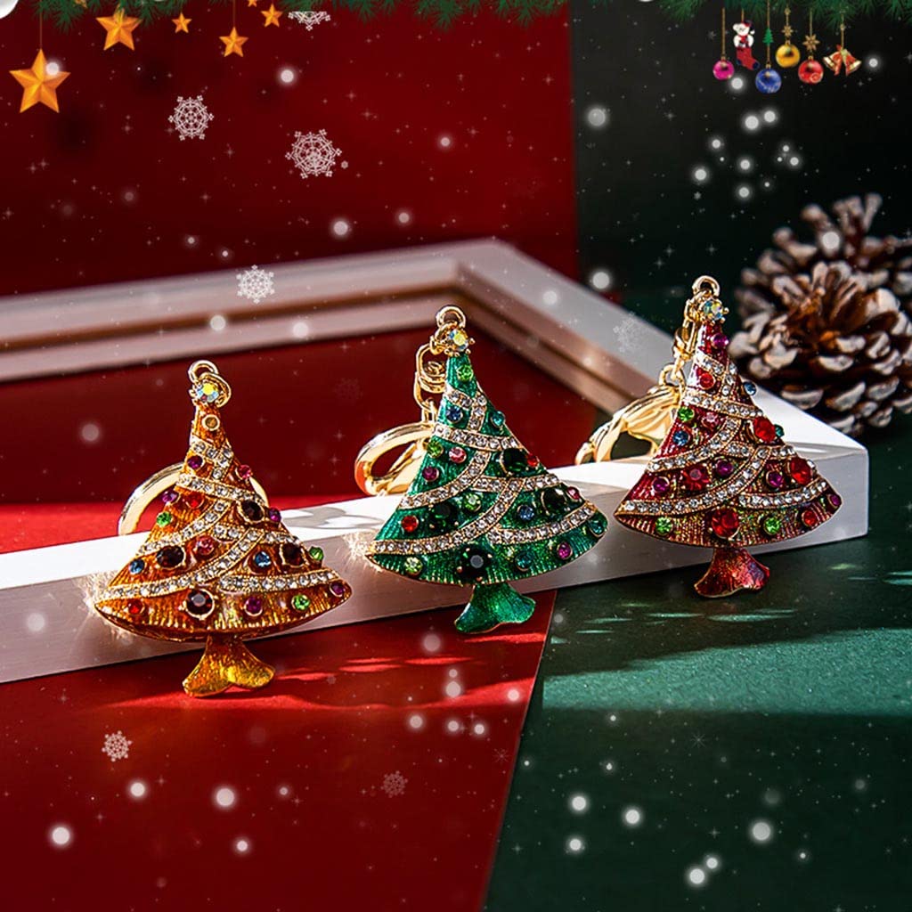 Christmas Decorations, Christmas Tree Keychain Keyring Crystal Rhinestone Car Hanging Pendant Sparkling Key Ring Purse Bag Charm Chains New Year Gift Ornaments